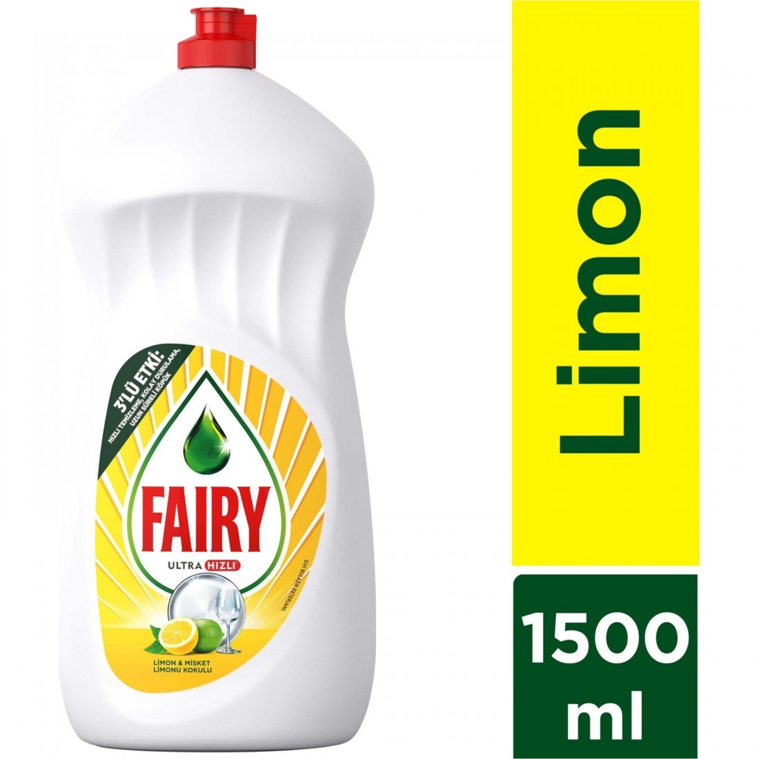 Fairy 1500 ml Ultra Hızlı 3'lü Etki Sıvı Bulaşık Deterjanı Limon ve Misket Limonu Kokulu